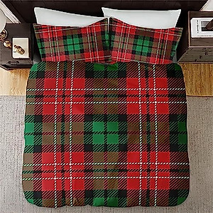 Duvet Cover Full Size, Christmas Plaid Red Green Bedding Set with Zipper Closure for Kids and Adults, Winter Geometric Woven Comforter Cover with 2 Pillow Shams for Bedroom Bed Decor