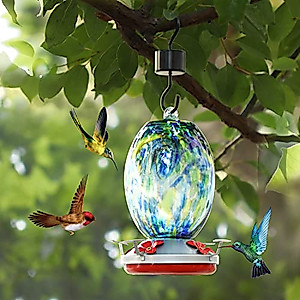 JALAMWANG Hummingbird Feeder for Outdoors Hanging, 25 Ounces, Hand Blown Glass, Leak Proof Rustproof, Containing Ant Moat, for Attract Hummingbird Garden Decoration etc(Blue Starry Night)