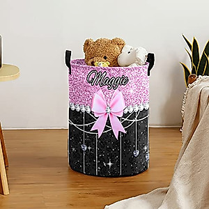 Glitter Print Pink Black Bow Personalized Waterproof Foldable Laundry Basket Bag with Handle, Custom Collapsible Clothes Hamper Storage Bin for Toys Laundry Dorm Travel Bathroom