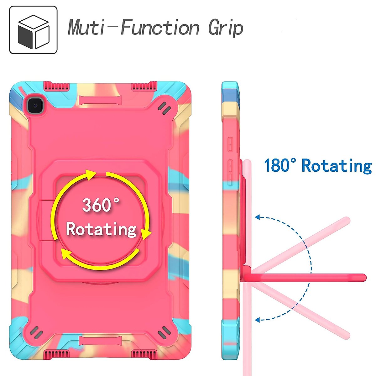 TDA Trading Case for Samsung Galaxy Tab A7 10.4" 2020 (SM-T500/ SM-T503/ SM-T505/ SM-T507) - Hybrid Shockproof 360 Rotating Multi-Functional Ring Stand Case with Shoulder Straps (Multicolor/Pink)