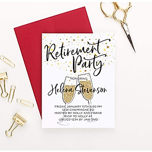 Modern Retirement Party Invitation, Gold Glitter Retirement Party Invites, Your choice of Quantity and Envelope Color