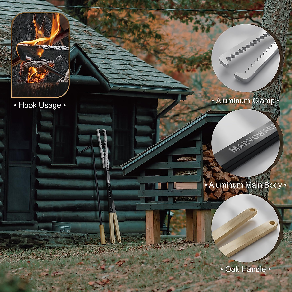 Heavy Duty Fire Tong and Fire Poker Set with Wood Insulation Handle Fireplace Poker Grabber with Blow, firewood Grabber Tool for Wood-Burning Fire Pit or Fireplace Suitable for Solo Firepit