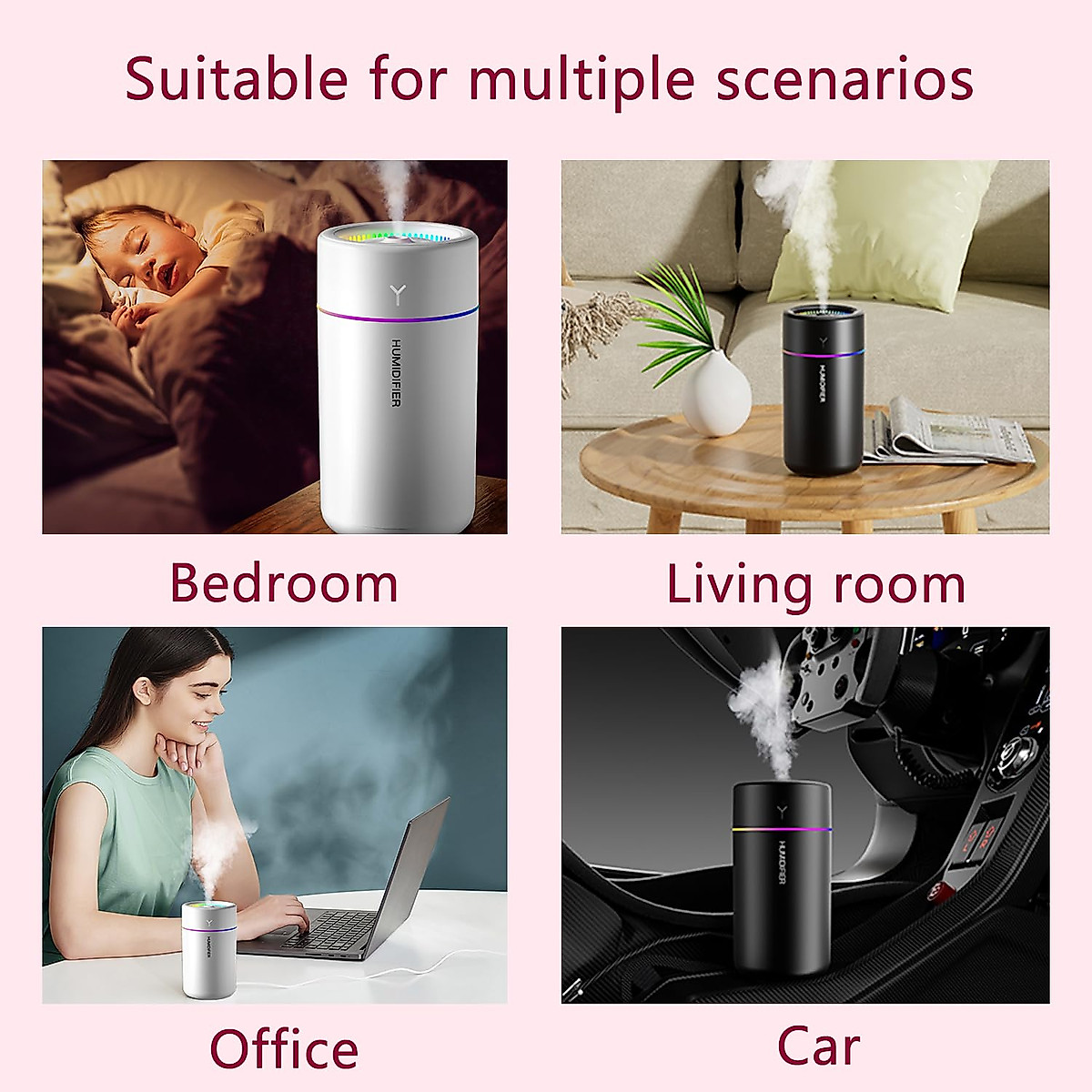 Portable Mini Humidifier, Colorful, Cool Mist, USB Powered. Perfect for Bedroom, Office & Car (White)
