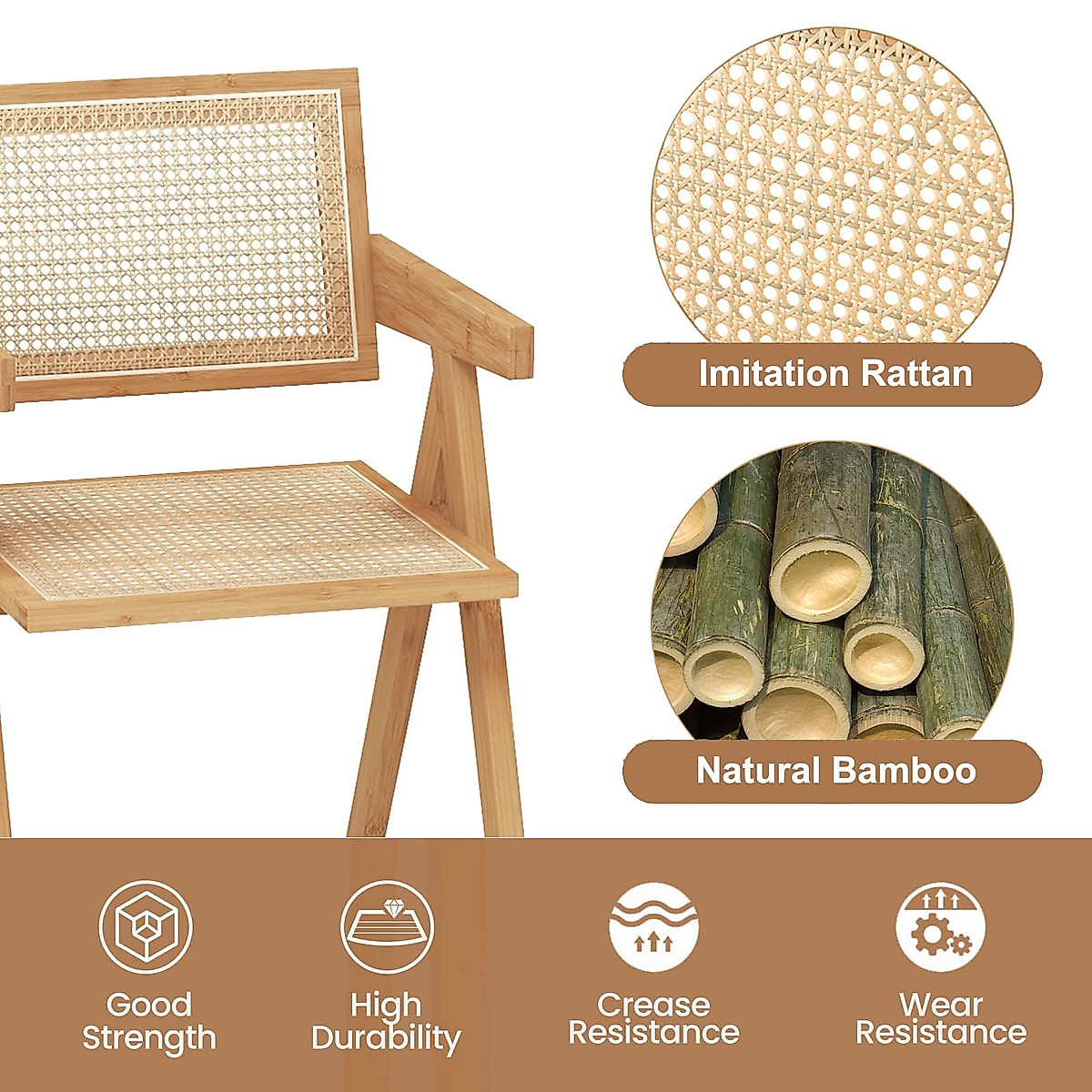 UJOYPAD Rattan Accent Chairs Set of 2,Mid Century Rattan Dining Chairs W/Bamboo Frame,High Back Lounge Armchair W/Anti-Slip Foot Pads,Rattan Side Chair for Dining Room,Living Room,Bedroom