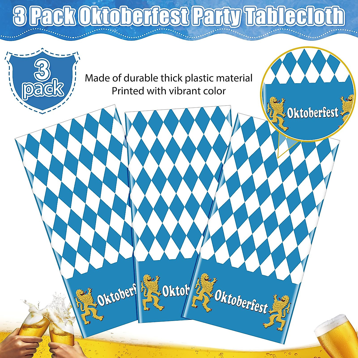 3 Pack Bavarian Oktoberfest Disposable Tablecloth Decorations, Plastic Rectangle Blue and White Bavarian Flag Check Table Cover, Oktoberfest Decorations Party Table Cloth Backdrop Supplies, 54×108Inch