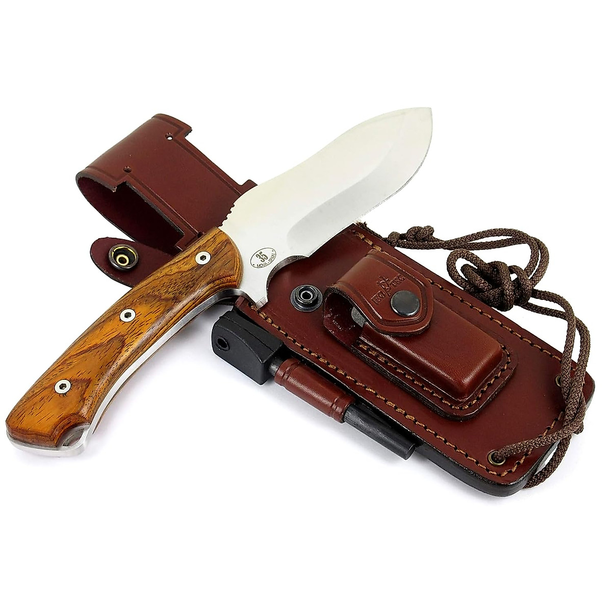 JEO-TEC Nº35 Bushcraft Survival Hunting Camping Fixed Blade Knife, MOVA-58, 10'' Overall, Genuine Leather Multi-Position Sheath + Firesteel + Sharpener Stone, Handmade