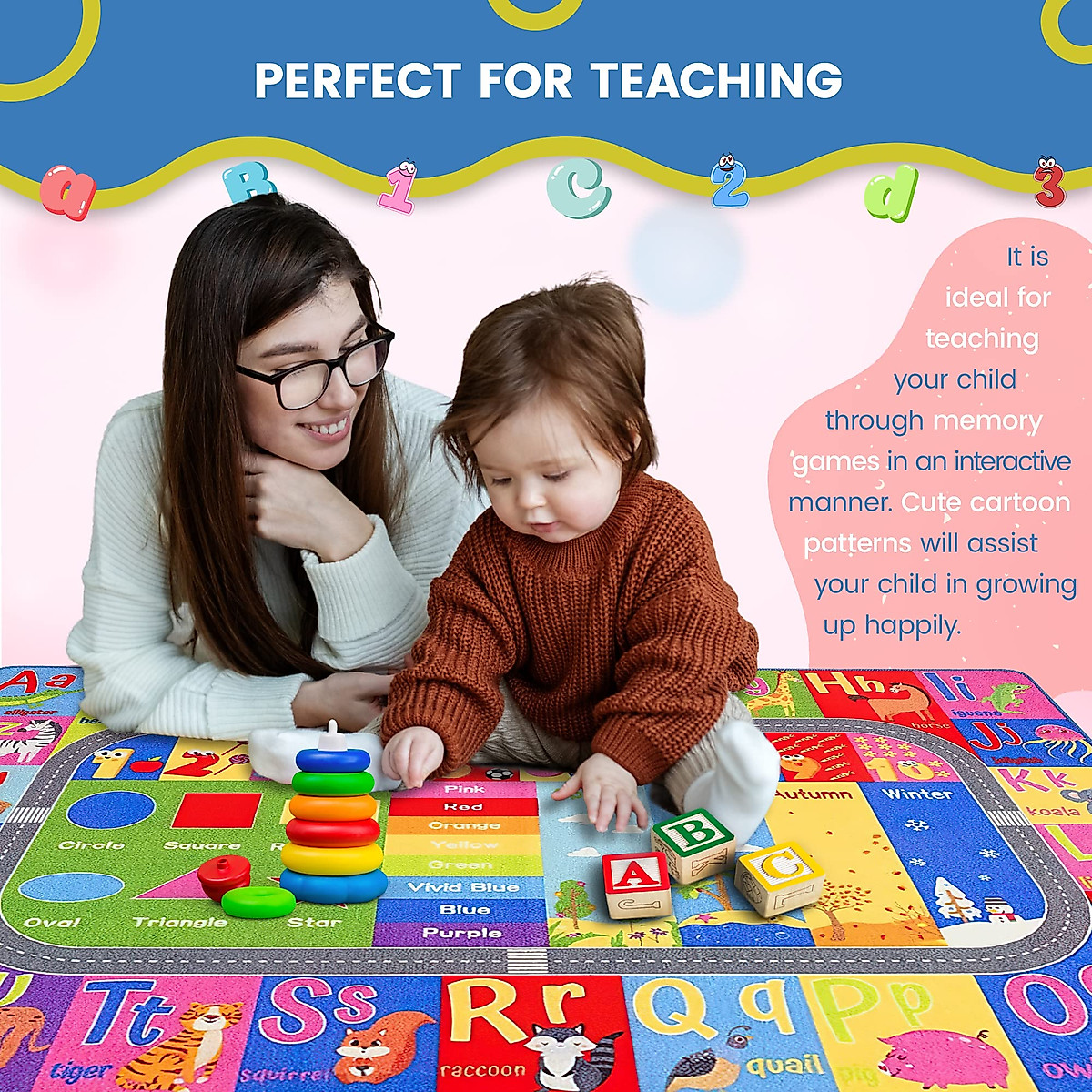 Toastmark Non-Slip ABC Rug for Fun Learning - 5X3 Feet - Polyester - Kids Rugs for Playroom with Alphabet, Numbers, Animal Seasons and Shapes - Multi-Color