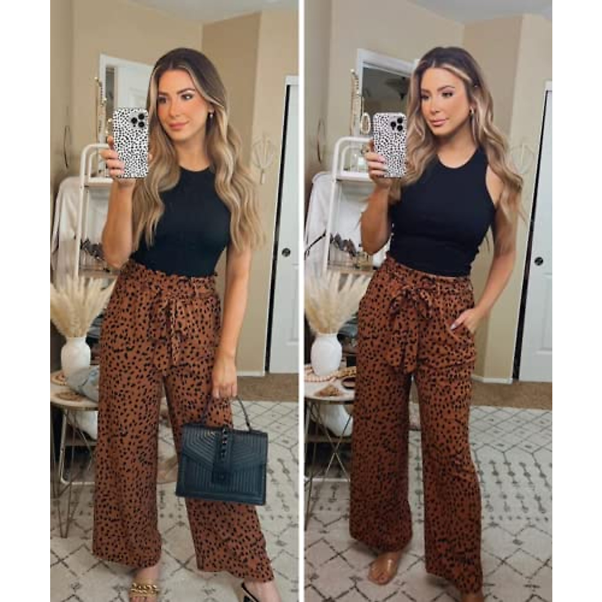 SySea Womens High Waist Leopard Pants Wide Leg Long Belted Palazzo Trousers with Pockets