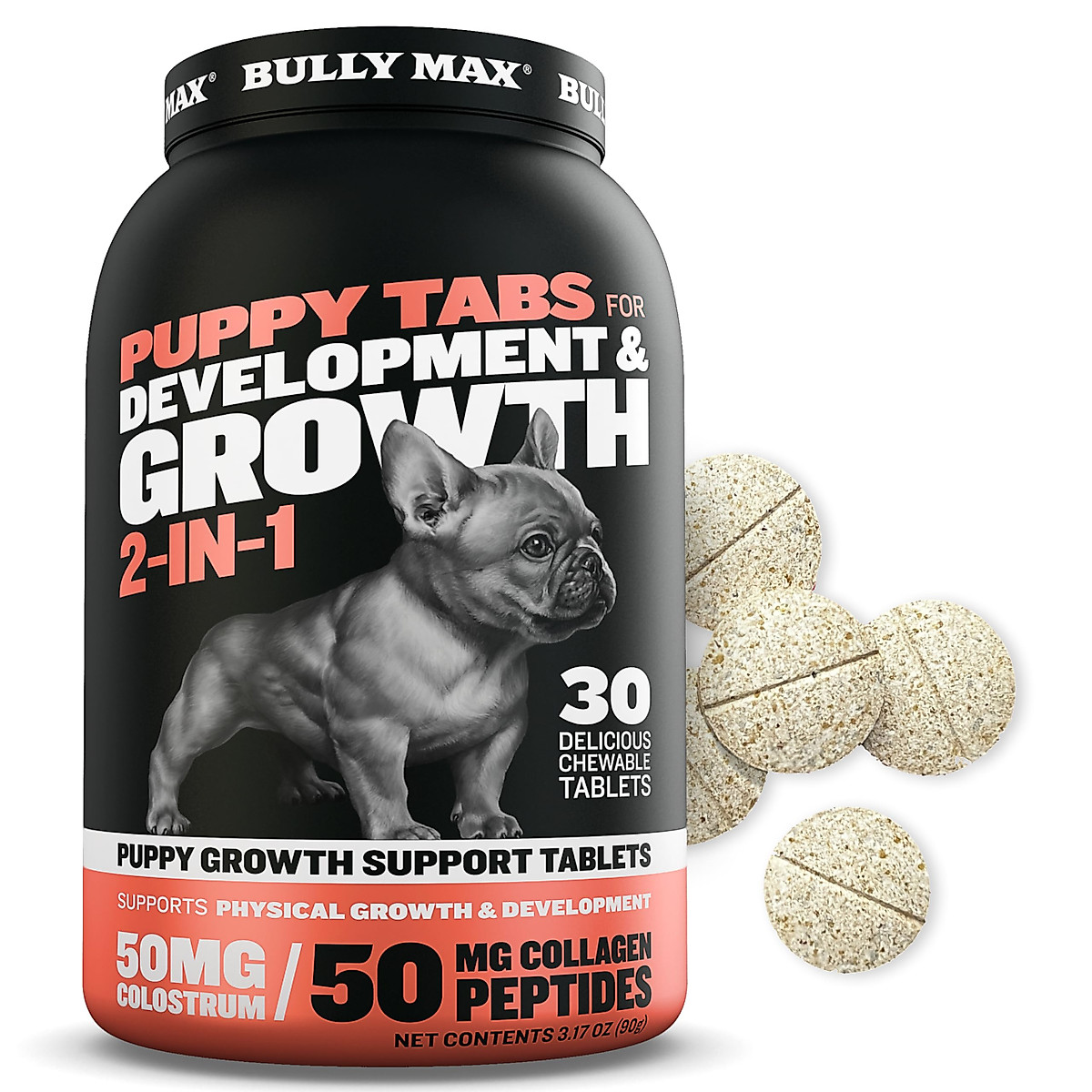 Bully Max 2-in-1 Puppy Vitamins - 30 Chewable Tablets for Development and Growth of Puppies - Dog Treats, Vitamin & Supplements for Small Dogs & Large Breed Growing Pups - Can Be Used as Food Topper