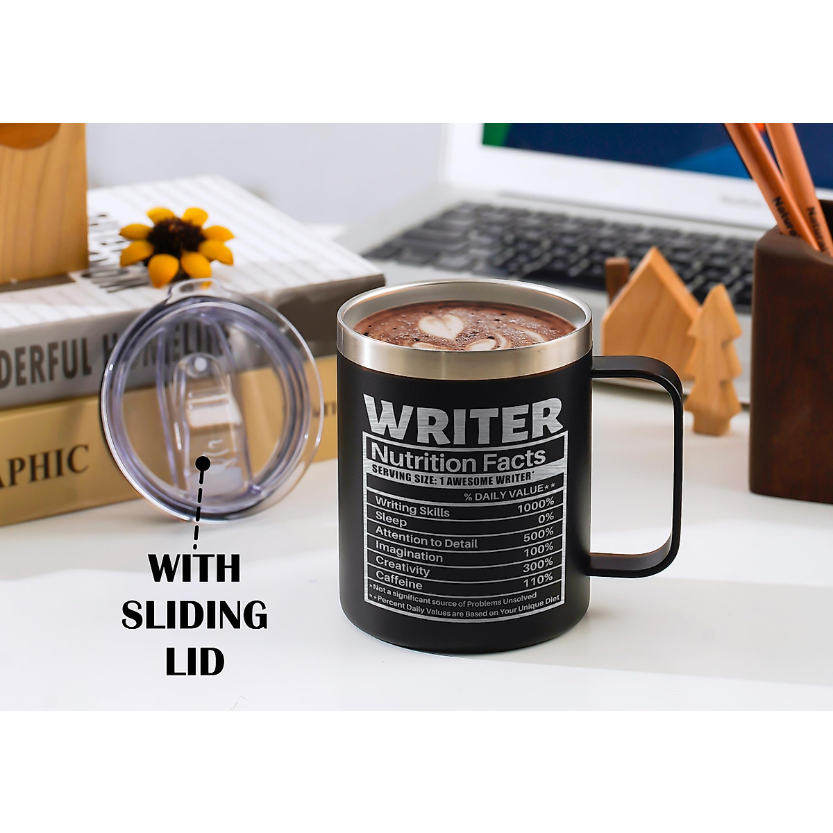 Onebttl Writer Gifts for Women/Men - 12oz Stainless Steel Insulated Mug with Lid - Graduation/Birthday/Christmas Gift for Writers, Novelist, Scriptwriter - Facts, Black