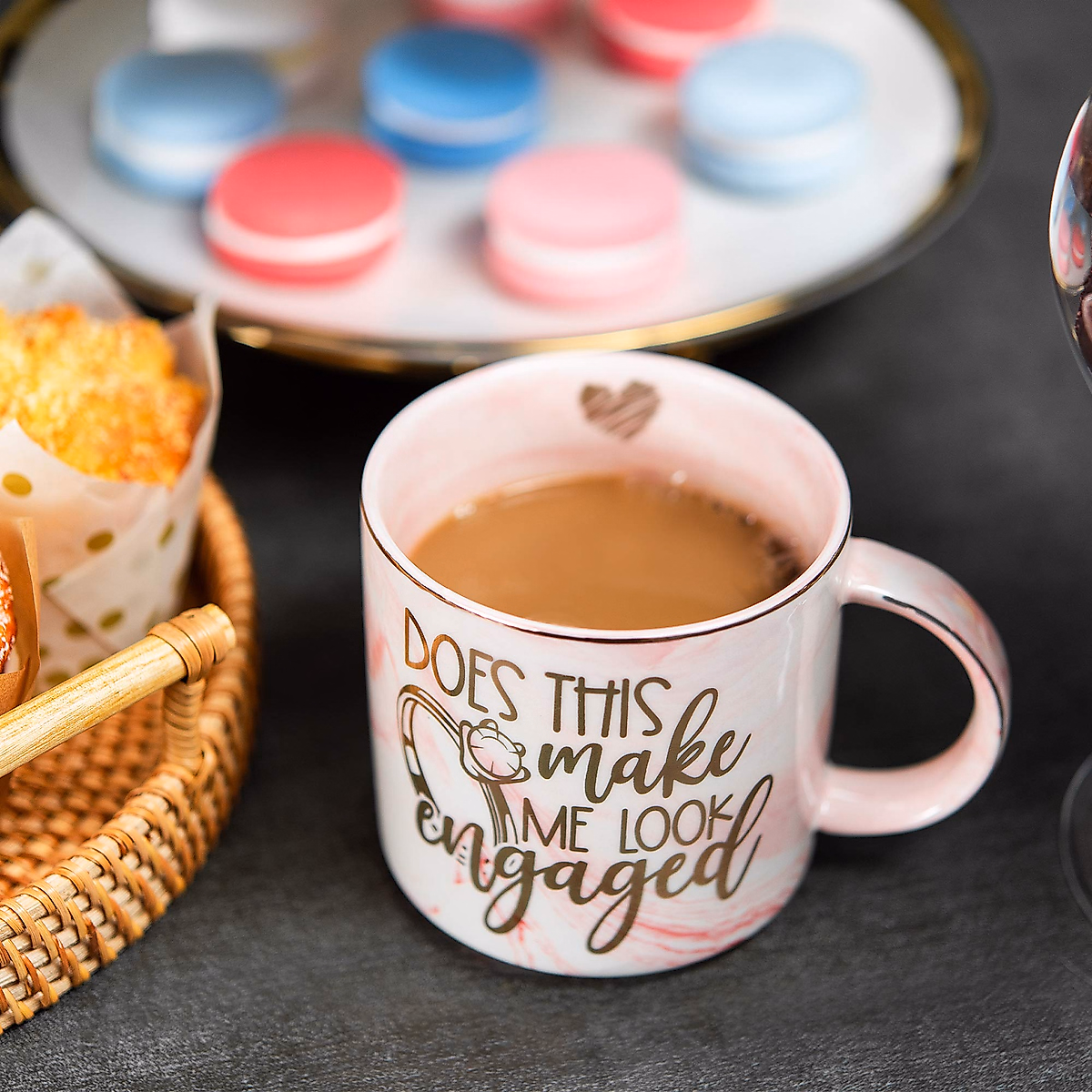 Engagement Gifts for Women - Funny Coffee Mug - Bride To Be Engaged Fiance Novelty Coffee Mugs Gift for Her - Does This Ring Make Me Look Engaged - 11.5oz Pink Marble Ceramic Cup