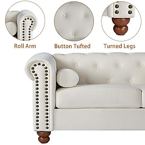 Halofe Classic Chesterfield Sofa, 80.31" Modern Velvet 3 Seater Sofa Couch with 2 Pillows, Tufted Back Chesterfield Settee Sofas with Rolled Arms and Nailhead Trim for Living Room, Office (White)