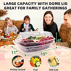 Funyakit Extra Large Appetizer Serving Tray on Ice with Stainless Steel Tongs and Forks, Chilled Platter with Lid, 4 Compartments for Shrimp Cocktail Fruits Veggies Seafood Dips, Cold Dish for Party