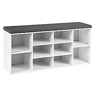 Giantex Shoe Storage Bench with Cushion, Entryway Shoe Rack Bench, Adjustable Shelves, 10-Cubbies Shoe Organizer Bench for Entryway, Living Room, Bedroom, Hallway, Closet, Mudroom (White)