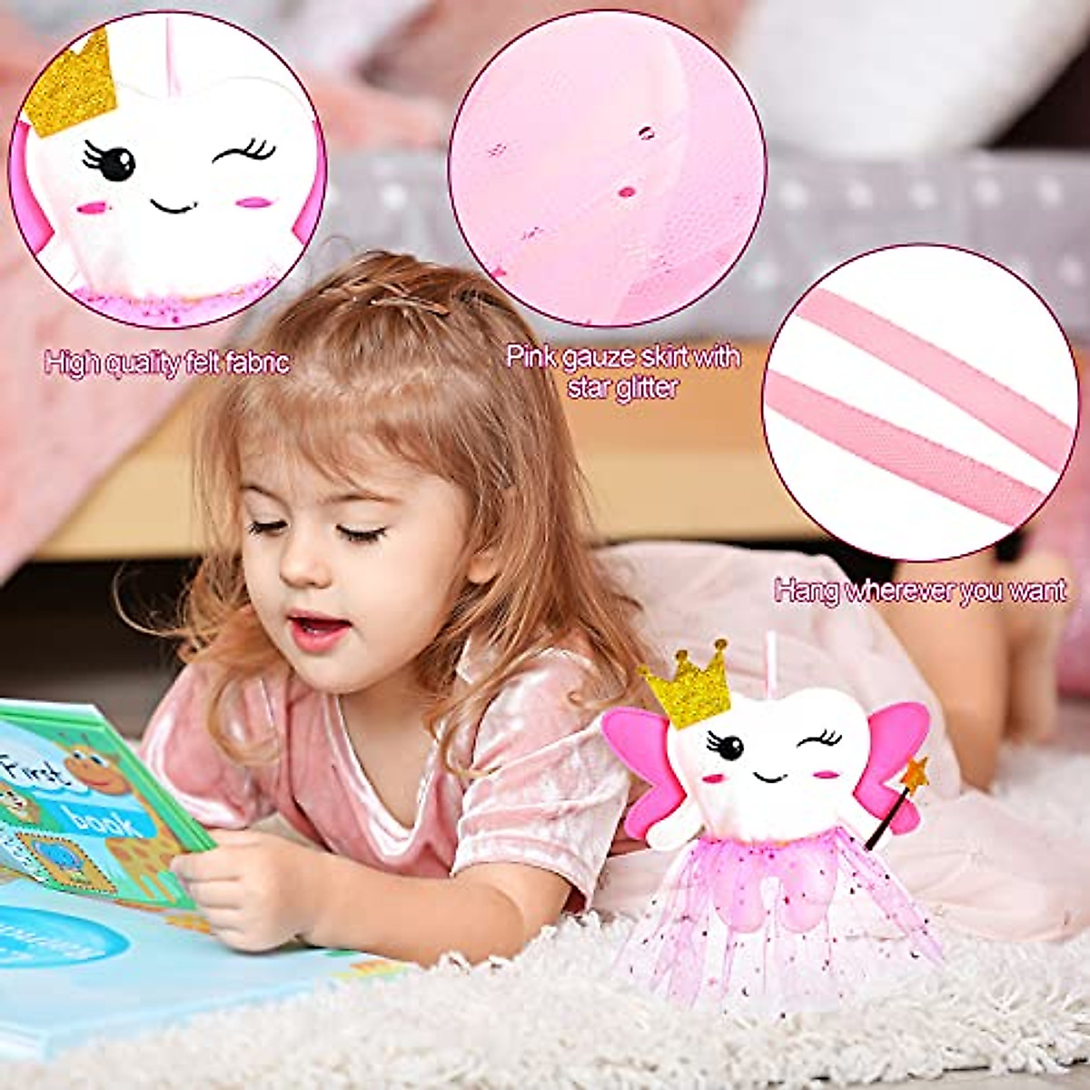 Breling Tooth Pillow Kit for Girls Teeth Gifts Pillow with Pocket Including Lost Teeth Holder Cute Dear Tooth Notepad Felt Keepsake Wallet Pouch to Hold Card Photography for Kids (Pink)