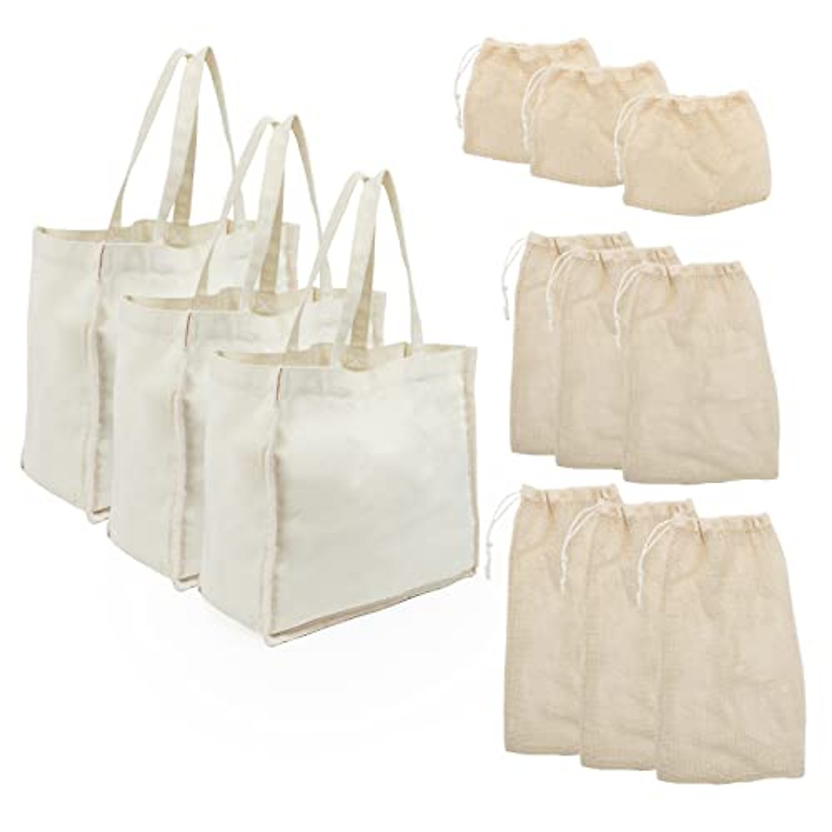 Reusable Grocery Bags Set of 12, 100% Cotton Plain Cloth Blank Canvas Heavy Duty Bag Bundle, With Handles for Shopping, Produce, Farmers Market, Include 3 Small, 3 Medium, 3 Large Mesh Bags, 3 Tote