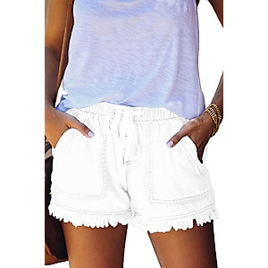 YOCUR Women's Denim Shorts Flowy Fashion Board Shorts Elastic Waist Tassel Distressed Shorts Drawstring Boxer Shorts Juniors Lounge Jean Shorts White M