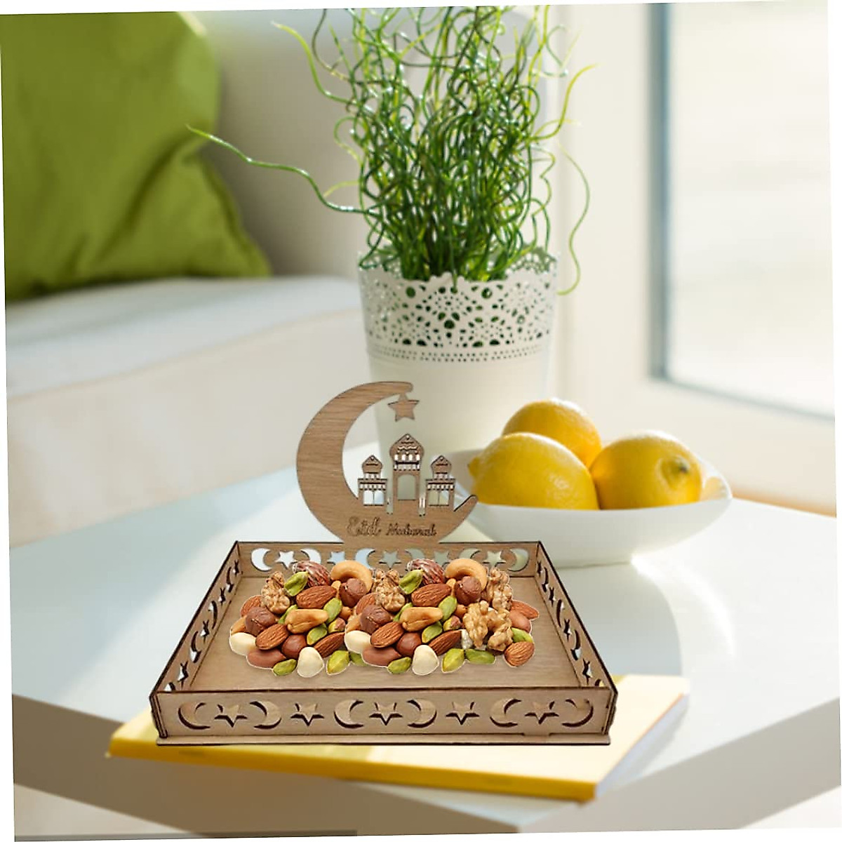 Ramadan Mubarak Fruit Racks,Eid Tray Ramadan Serving Tray Wooden Star Moon Dessert Pastry Tray Eid Tableware for Food Holder 2PCS Islamic Gifts