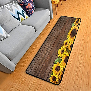 Sunflower Runner Rug, Wood Board Print Bath Rug Non-Slip Soft Kitchen Mat Doormat Large Runner Carpet 72" X 24"