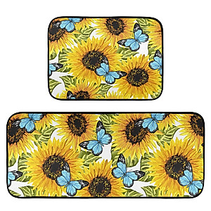 susiyo Sunflower Blue Butterfly Painted Kitchen Mat Set of 2 Pieces Non-Slip Comfort Memory Foam Rug for Kitchen Sink Laundry Office 19.7"x47.2" +19.7"x27.6"