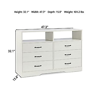 Catrimown White 6 Drawer Dresser for Bedroom Mid Century Modern Dresser Chest of Drawer for Bedroom White Dresser with Shelves Wood Wide Double Dresser for Bedroom Living Room, Wash White
