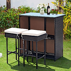 DORTALA 3 Pieces Rattan Patio Bar Table & Stool Set, Patio Furniture Set for Lawn Pool BackyardFront Porch, Dining Set w/Cushion, Beige