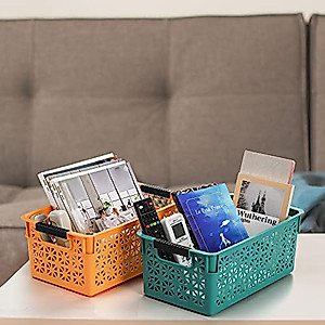 Yesland 6 Pack Plastic Storage Baskets Bins, 10.5 X 6 X 4.75 Inch Organizing Book Bins Baskets with Handle, Small Stackable Plastic Basket for Classroom or Home Organizing - Orange, Blue, Green