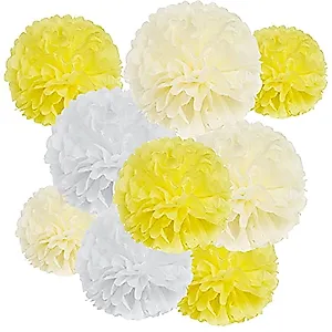 Tissue Paper Pom Poms Party Decorations, Hmxpls Tissue Balls Colorful Flowers Pom, Large Pom Poms for Wedding Birthday Celebration Outdoor Decoration - Yellow & White (8"/ 10"/ 12")