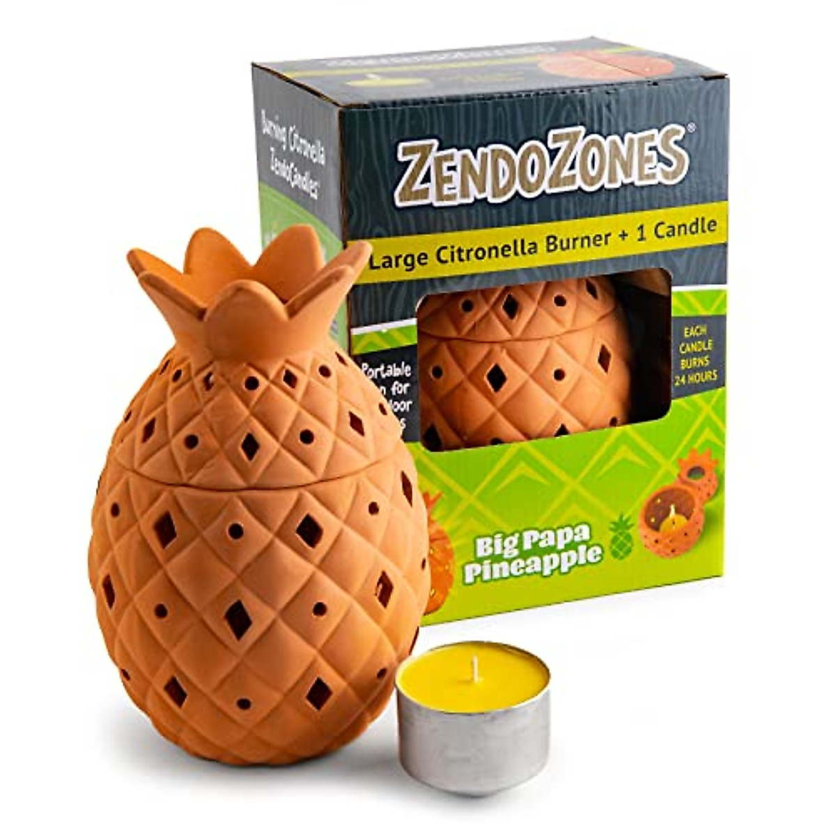 JT Eaton ZendoZones Large Citronella Burner - Big Papa Pineapple. Includes 1 Large Candle with 3% Citronella, Case Pack of 4, Terra Cotta