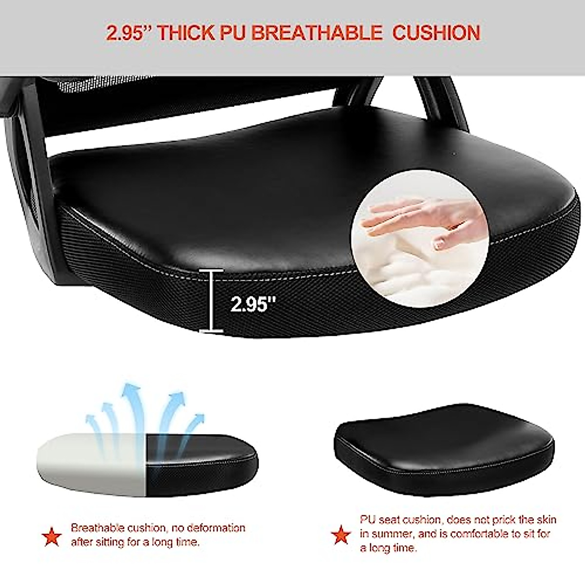 Office Chair,Ergonomic Home Desk Chairs,PU Leather Thick Cushion Mesh Office Chairs,Adjustable Executive Task Chair with Flip-up PU Armrests,360° Swivel Computer Chairs,Black