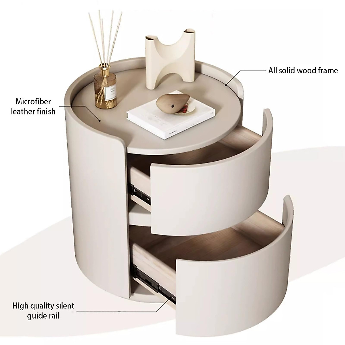 Modern Minimalist Bedroom Solid Wood White Bedside Table, Round Bedside Table with Storage Drawers, Bedroom Side Table, Chest of Drawers, Wooden Bedside Table, Mini Bedside Table, Storage Cabinet (Co