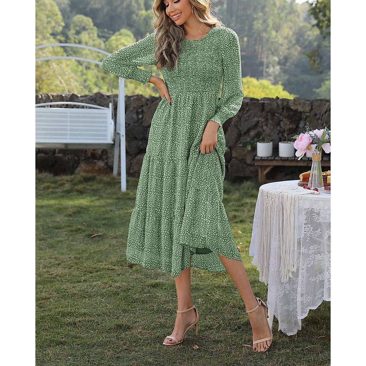 kimralur Womens Casual Long Sleeve Midi Fall Dress Crew Neck Boho Floral Print Smocked Ruffle Tiered Flowy Long Dress