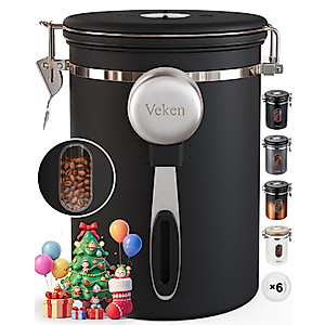 Veken Coffee Canister with Window, Airtight Stainless Steel Kitchen Food Storage Container, Date Tracker and Scoop for Grounds Coffee Bar Accessories, Beans, Tea, Flour, Cereal, Sugar, 22OZ, Black