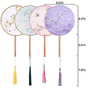 BAOZOON 4PCS Silky Translucent Antique Round Fan Classic Group Fan Floral Pattern Dance Fan Hanfu Women's Tassel Wooden Handle Palace Fan Wedding Favor Gift Home Decor