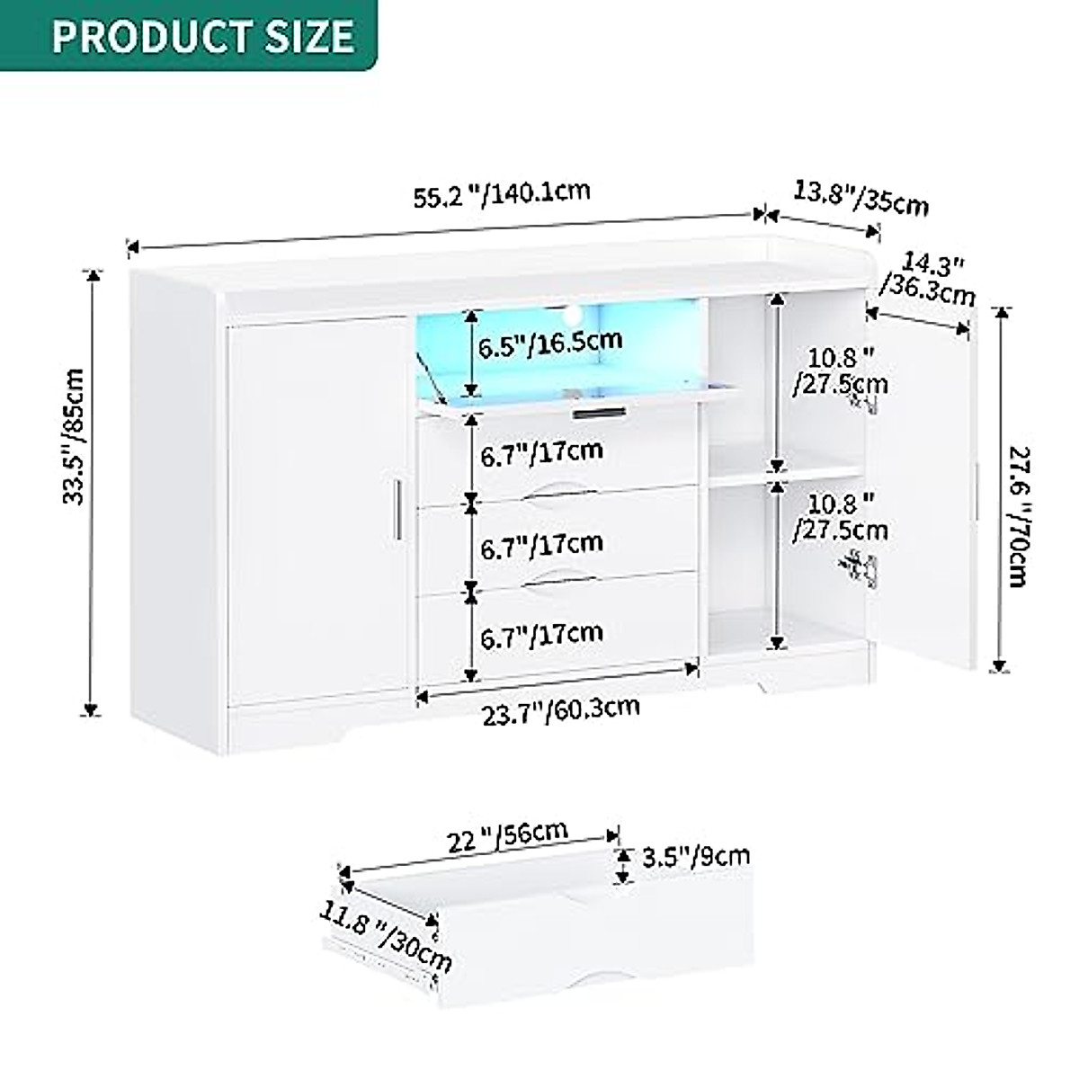 YITAHOME Sideboard Buffet, Modern Buffet Cabinet Storage Cabinet with LED Lights, Freestanding Pantry Coffee Bar Cabinet 300 Ibs Capacity for Hallway, Entryway, Kitchen or Living Room, White