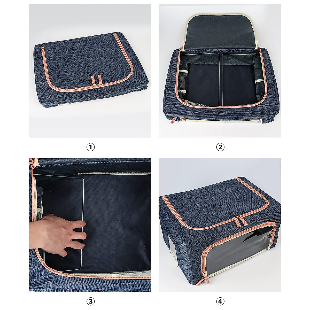 Pranski 2-PACK Clothes Storage Bins Box, Linen Fabric Foldable Cloth Container with Clear Window & Carry Handles Metal Steel Frame - Large Capacity for Closet, Blankets, Toys, Books (Blue, 22L)