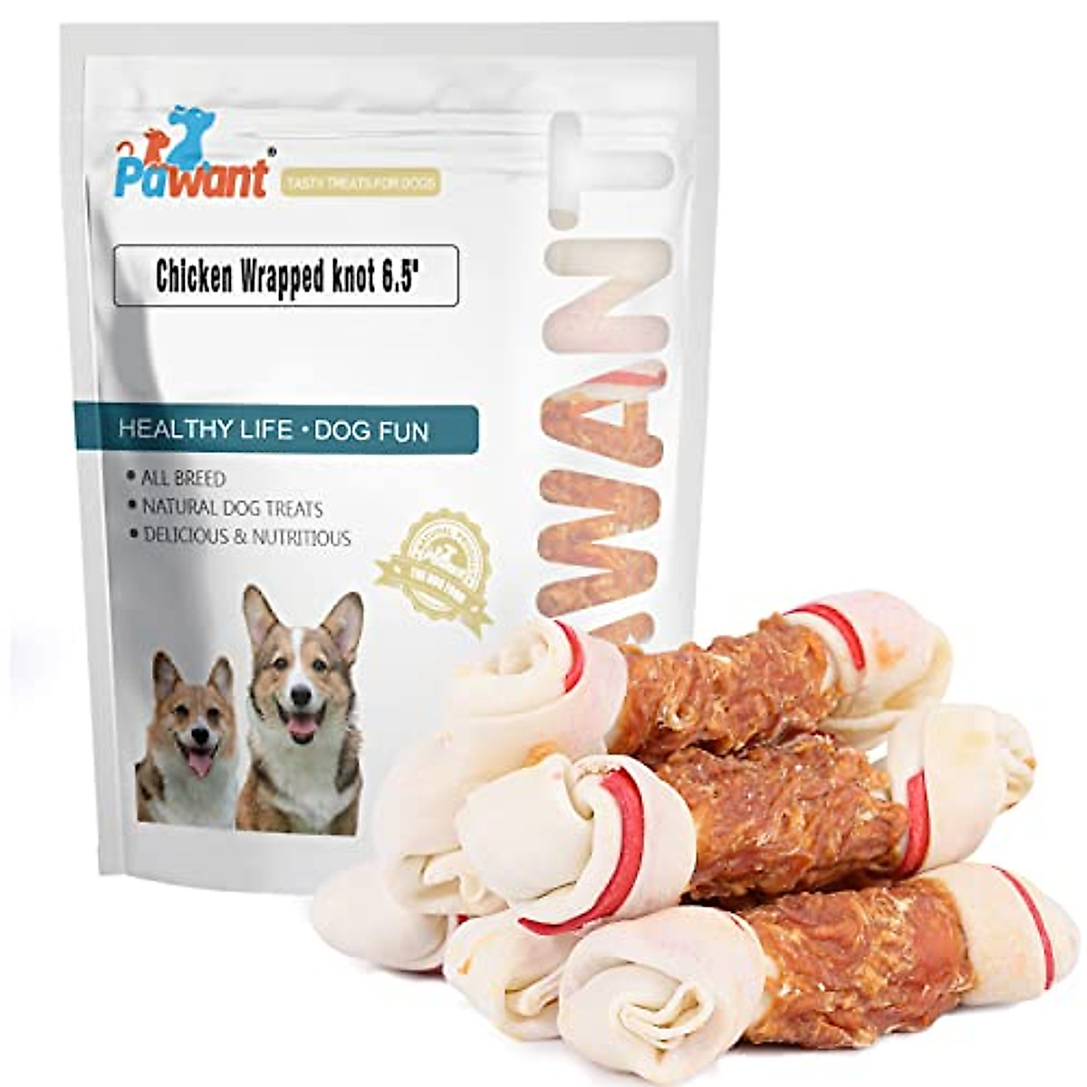 Pawant Chicken Rawhide Bones for Large Dog Treats Puppy Chews Snacks Promotes Healthy Chewing Chicken Wrapped Knot 6.5" 0.5lb
