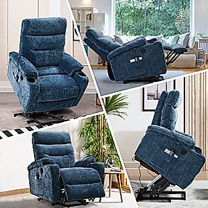 Electric Power Lift Recliner Chair, Vibration Massage Heated Chair for Elderly, Fabric Single Chair with 2 Side Pockets, Lounge Chair with 2 Cup Holders,1 USB Charge Port for Living Room