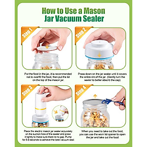 Electric Mason Jar Vacuum Sealer Kit with 16 Jar Lids, Jar Vacuum Sealer for Mason Jars with Lid Opener and 2 Reusable Vacuum Sealer Zipper Bags for Wide and Regular Mouth