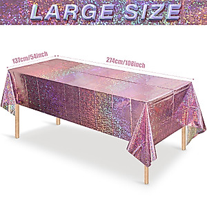 3 Pack New Iridescent Pink Tablecloth Party Decorations, Holographic Pink Glitter Plastic Tablecloth, Disposable Laser Rectangle Table Cover for Disco Birthday 70s Theme Party Decorations, 54x108 Inch