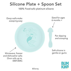 Bumkins Disney Baby and Toddler Plate and Spoon Set, Silicone Dish for Babies and Kids, Baby Led Weaning, Children Feeding Supplies, Microwave Safe, Platinum Silicone, Ages 6 Months Up, Princess Ariel
