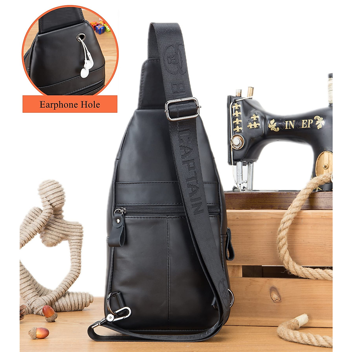 BULLCAPTAIN Genuine Leather Sling Bag for Men Crossbody with Cellphone Stand Chain Chest Shoulder Backpack Daypack XB-520 (Black)