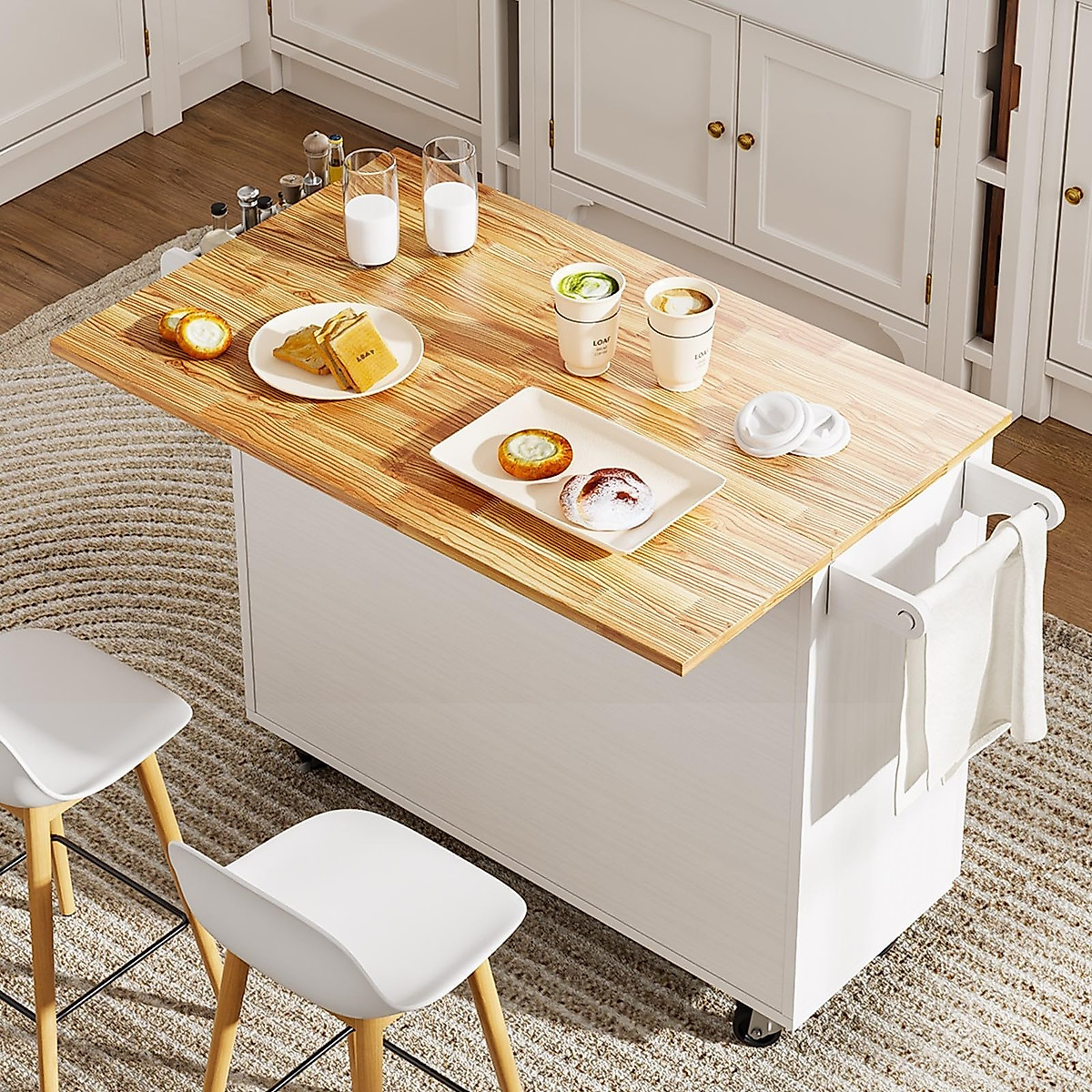 4 EVER WINNER Kitchen Island Cart with Drop Leaf & 3 Drawers, 43” Kitchen Island with Storage Cabinet on Wheels, Spice Rack, Towel Rack, Rolling Kitchen Island Table Breakfast Bar for Kitchen, White