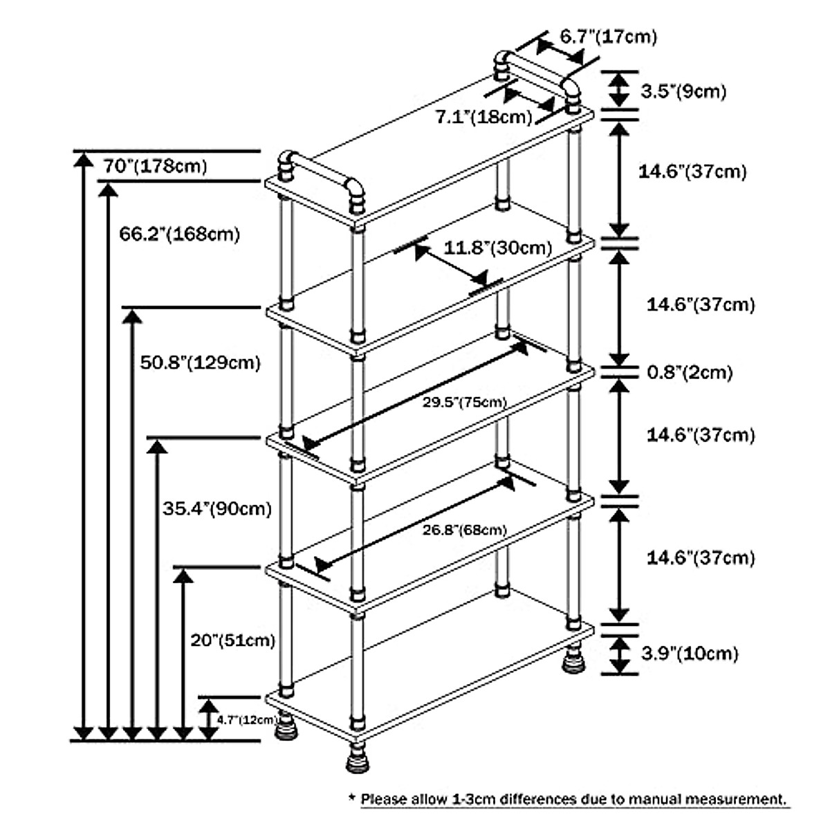 Anynice Industrial Bookshelf, Bookcases and Book Shelves 5 Shelf,Pipe Bookshelf, Industrial Pipe Shelving, Pipe Shelves(Rustic Brown, 29.5" L x 11.8" W x 70" H)