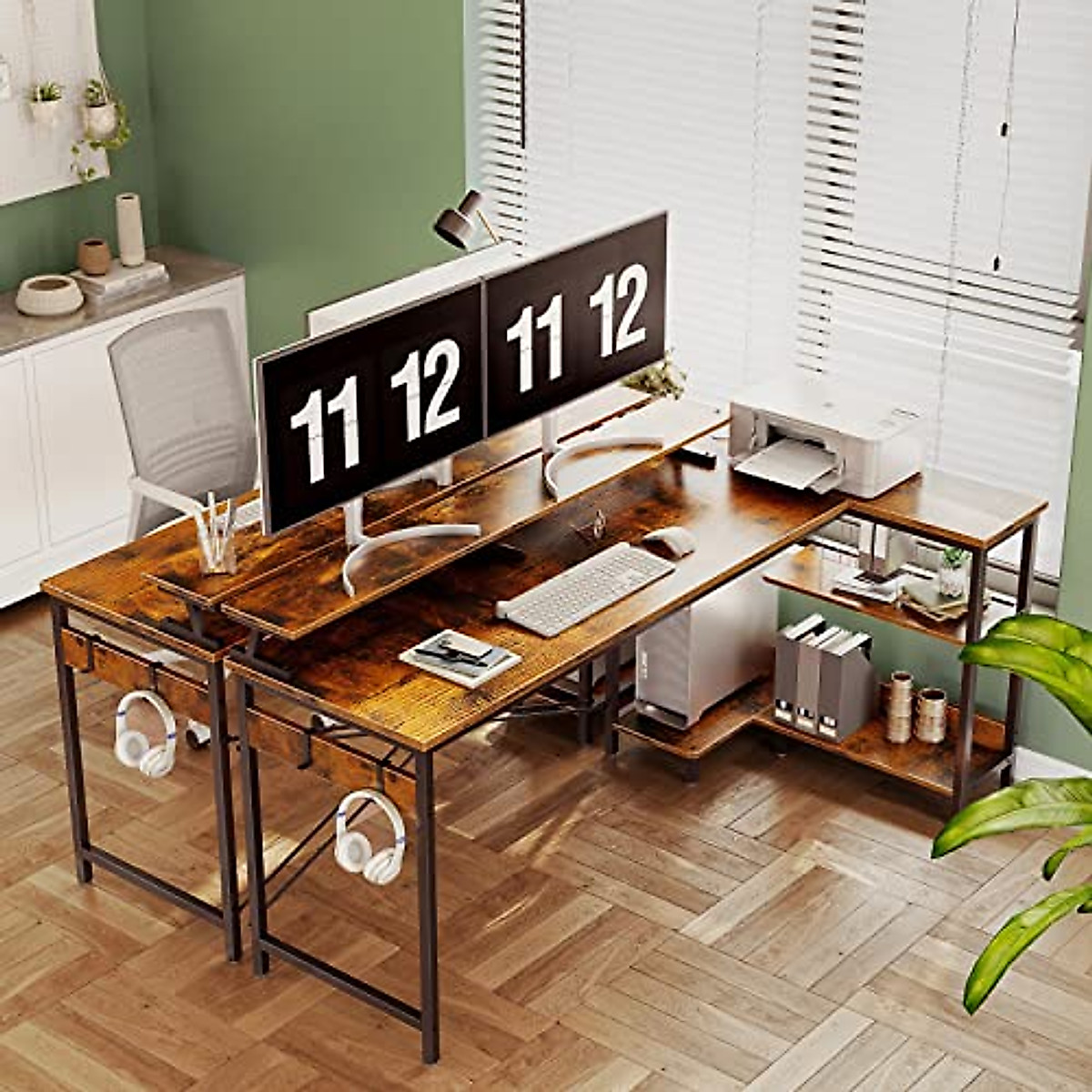 ODK Small L Shaped Desk, 66 inch Corner Desk with Reversible Storage Shelves, Computer Desk with Monitor Shelf and PC Stand for Home Office, Gaming Desk with Headphone Hooks, Rustic Brown