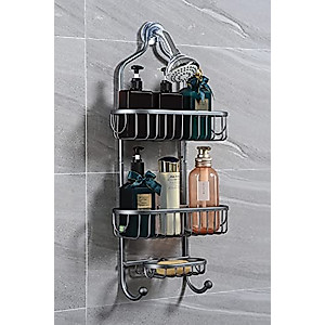 GOODBUY Shower Caddy Over Shower Head, Aluminum Shower Organizer Hanging, Rustproof Shower Rack Shower Shelf Shower Holder for Shampoo and Soap with 2 Wash Cloth Hooks, Gray, 11.8" x 4.7" x 25"