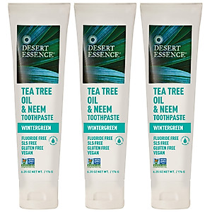 Desert Essence Tea Tree Oil & Neem Toothpaste - 6.25 Ounce - Pack of 3 - Refreshing Rich Taste - Baking Soda & Essential Oil of Wintergreen - Antiseptic - Natural Ingredients - Fluoride & Gluten Free