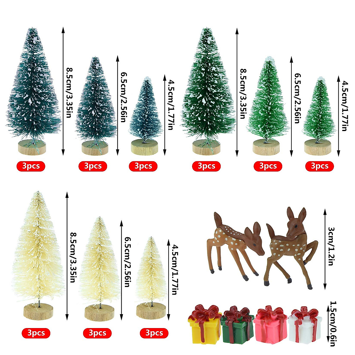 Yookat 51Pcs Pine Trees Artificial Trees with Wood Base Sisal Bottle Brush Trees Assorted Color and Deer Boxes Winter Snow Ornaments for Christmas Decoration