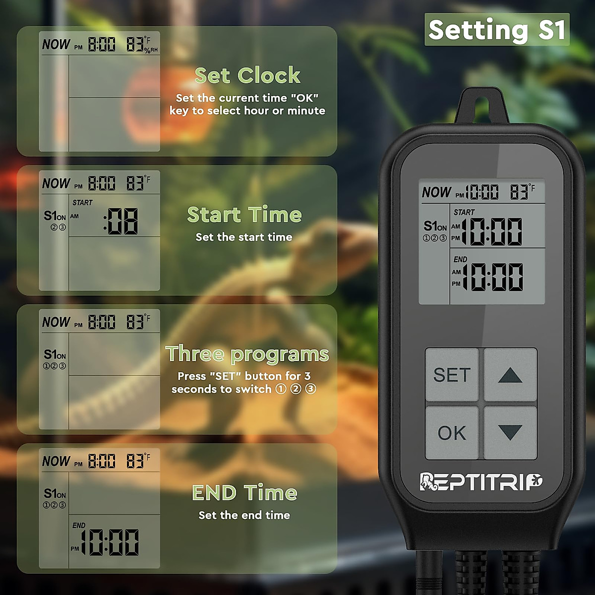 REPTITRIP Reptile Thermostat, Reptile Light Timer for Temperature and Lighting Control, Day-Night Timer Thermostat with Reptile Thermometer for UVB Light, Heat Lamp, Heating Pad, 10A 1250w