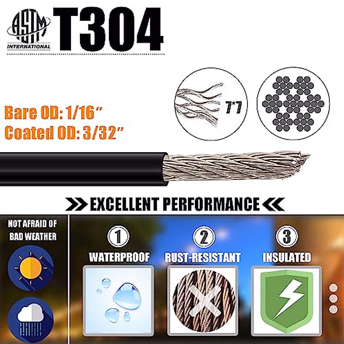 NEREUS String Light Hanging Kit with 164 Ft Nylon Coated 304 Stainless Steel Wire Rope, String Light Suspension Kit, Guide Wire with Turnbuckles and Hooks for Patio, Backyard Lighting Accessories